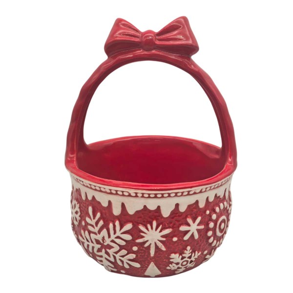 SNOWFLAKE RED BASKET WITH HANDLE 15X15X21 CERAMIC